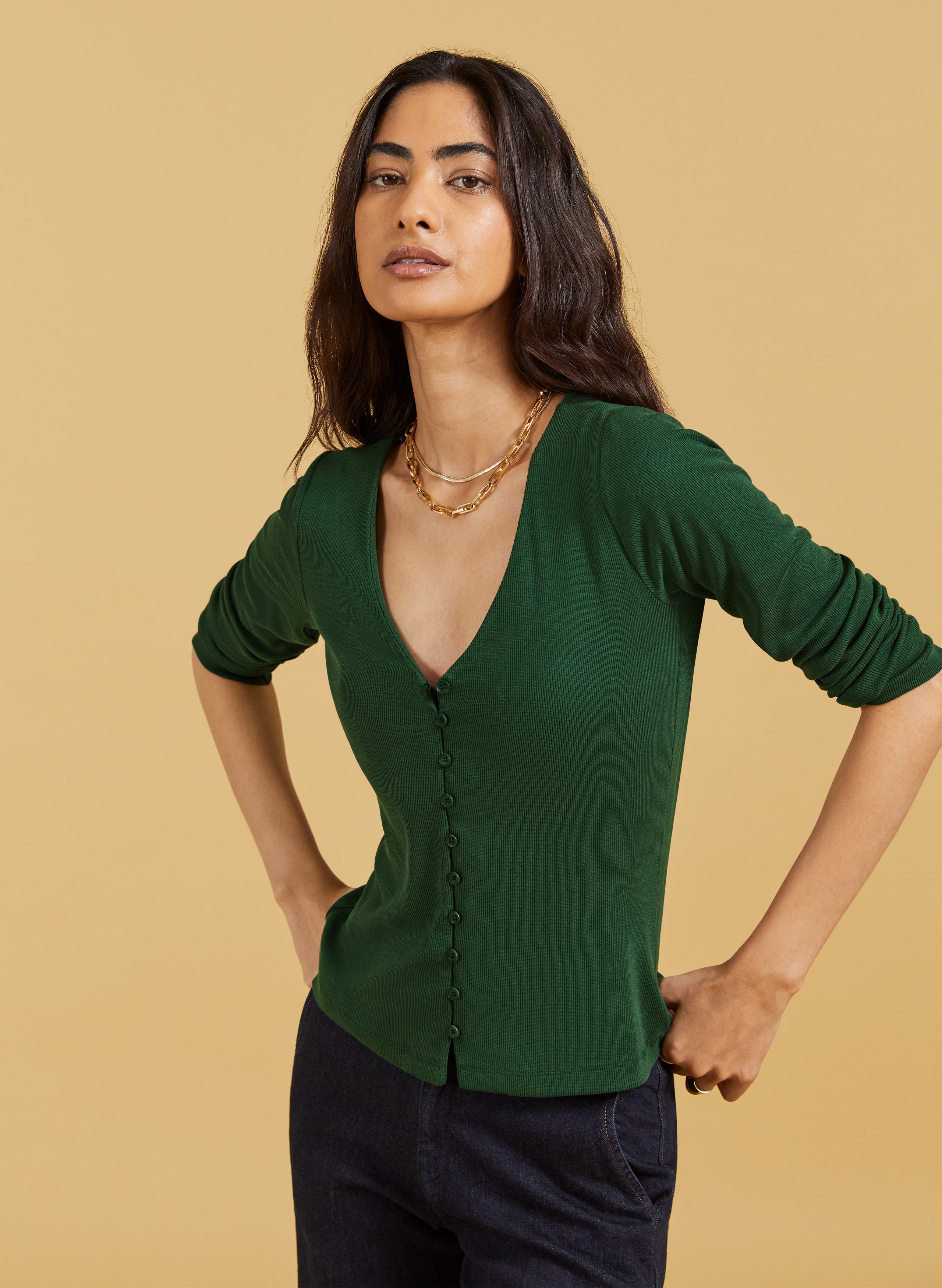 Audrey Button Through V-Neck Top - Forest Green | Baukjen