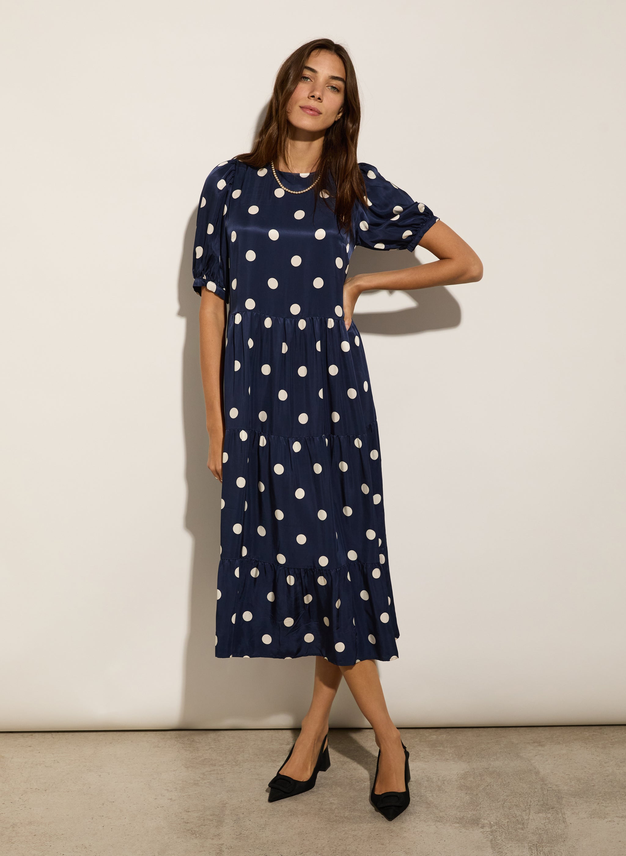Manon Satin Dress - Navy Big Polka | Baukjen