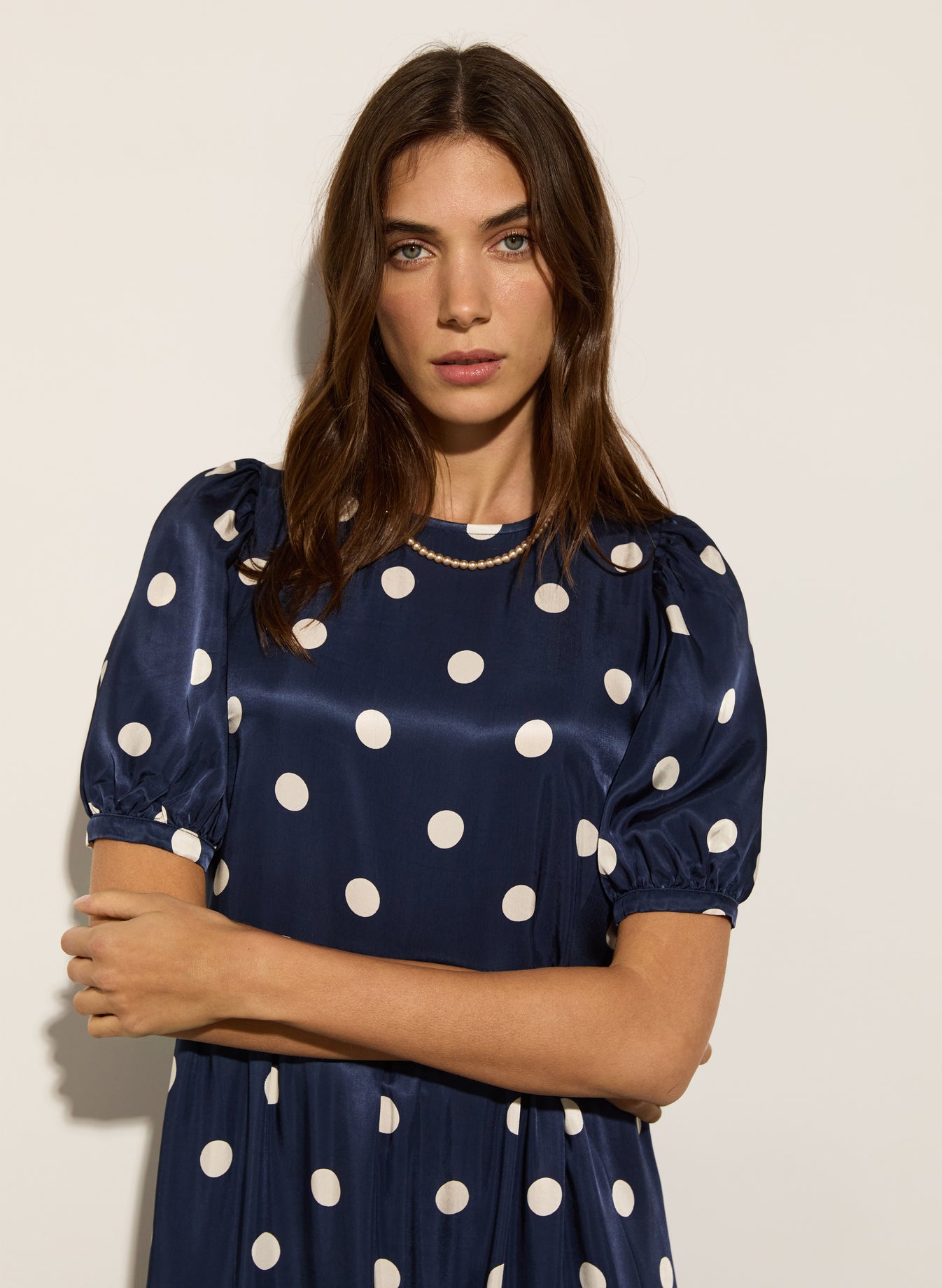 Manon Satin Dress - Navy Big Polka | Baukjen