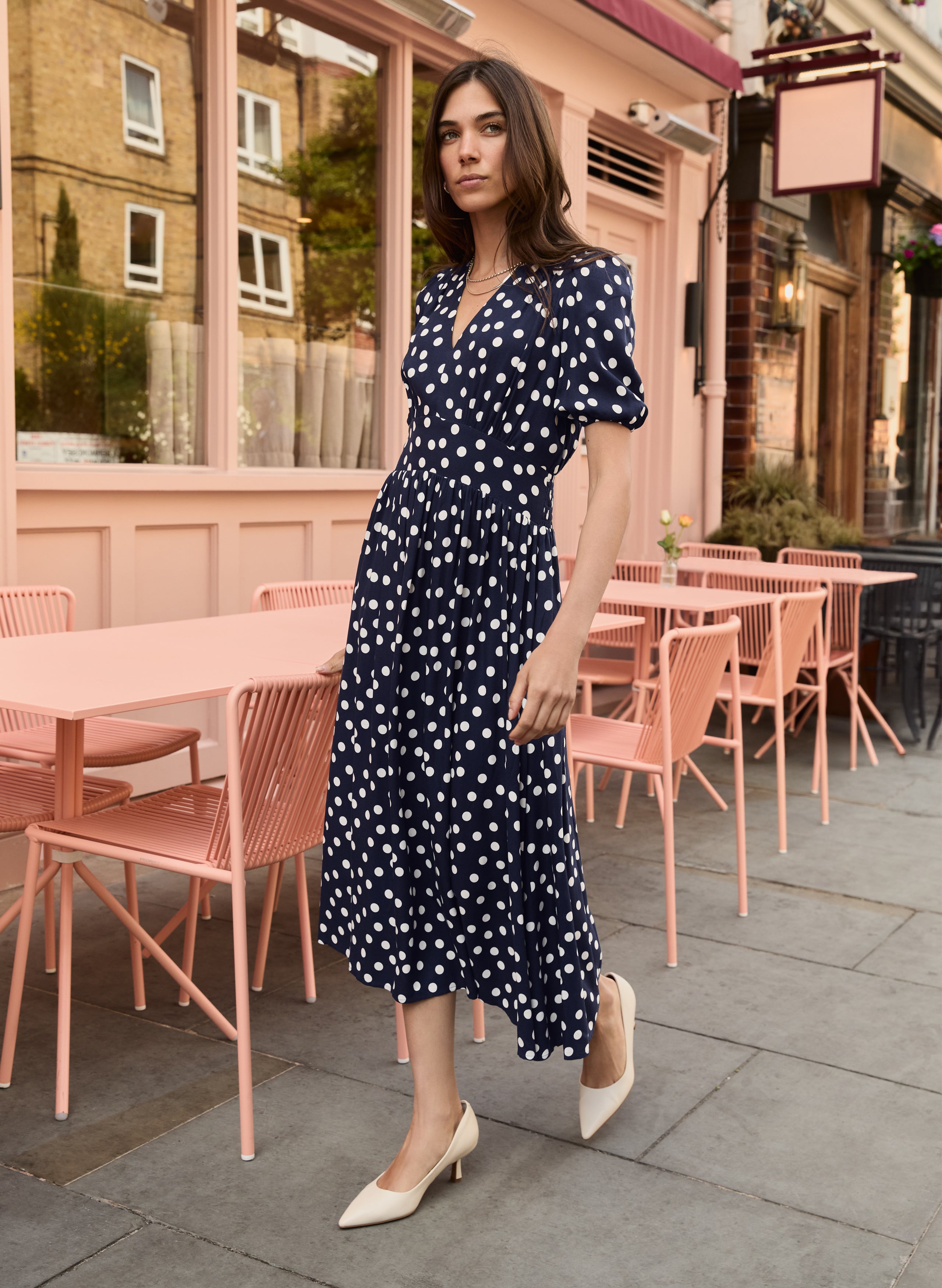 Lina Printed Midi Dress - Navy Mini Polka | Baukjen