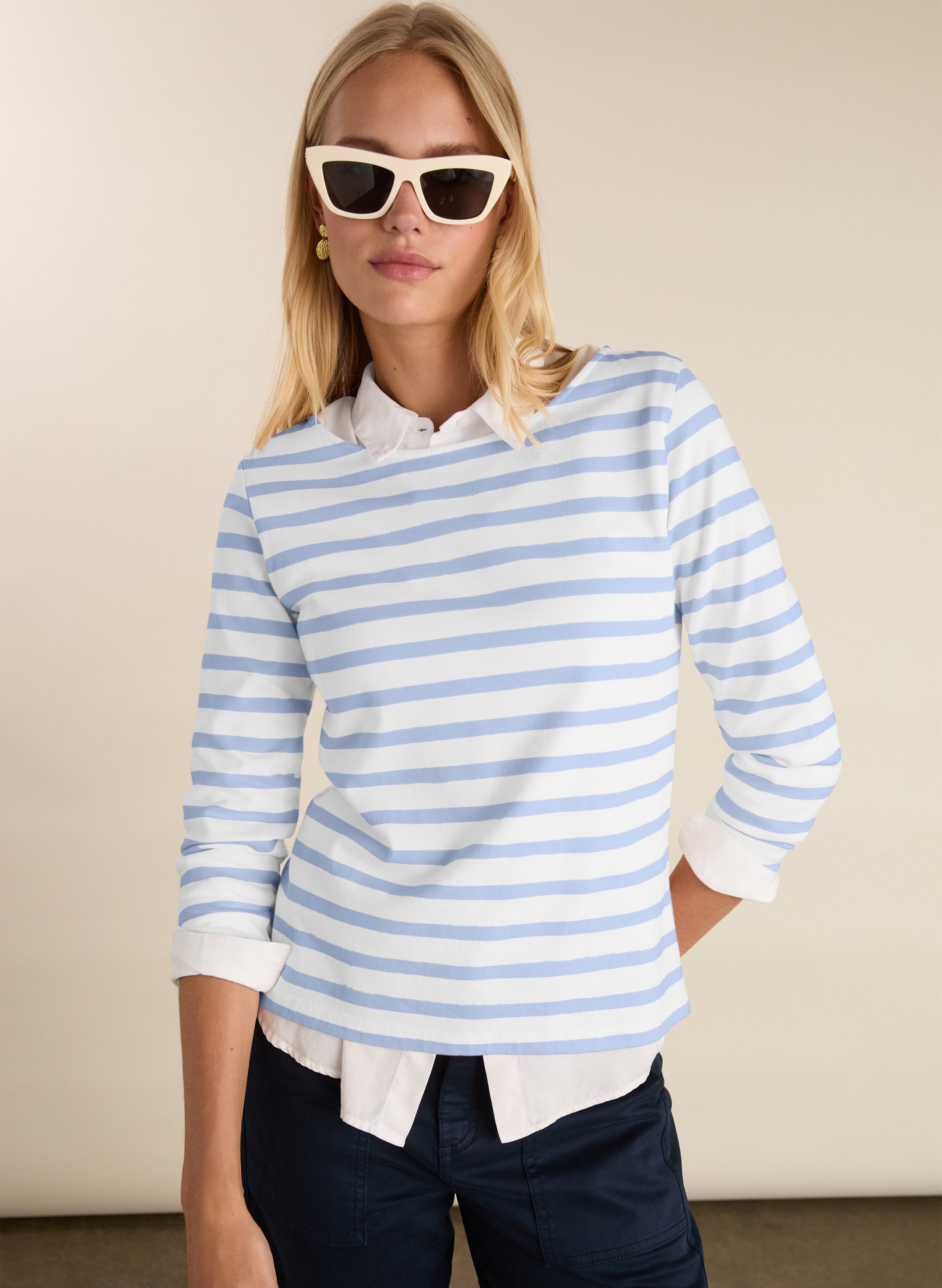 Ashley Organic Cotton Top - Soft White & Ice Blue | Baukjen