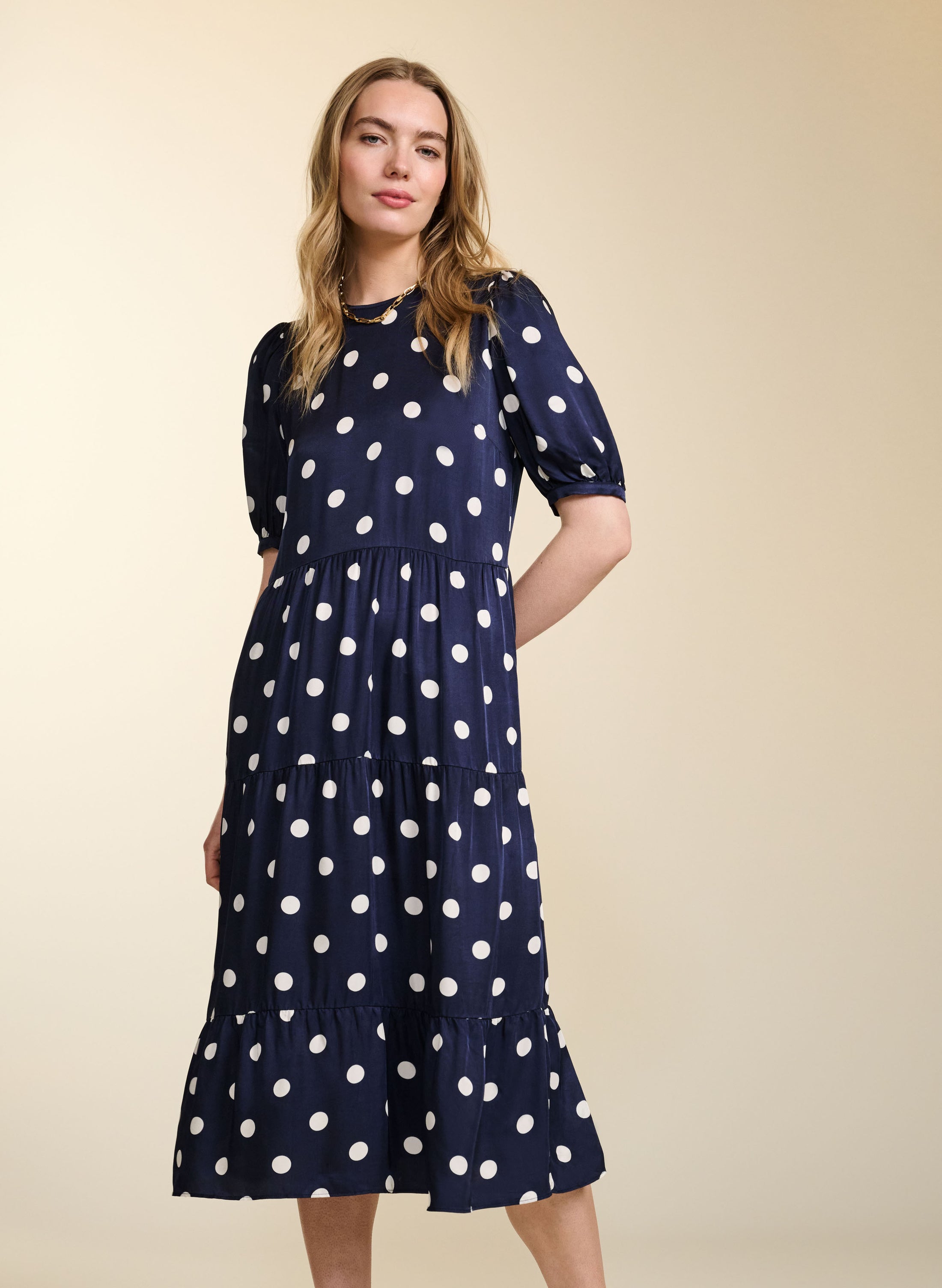 Manon Satin Dress - Navy Big Polka | Baukjen