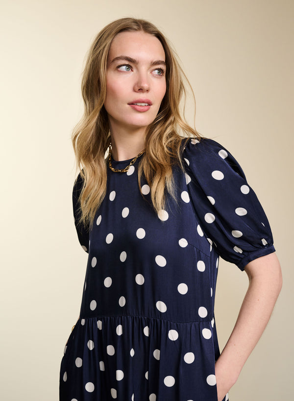 Manon Satin Dress - Navy Big Polka | Baukjen