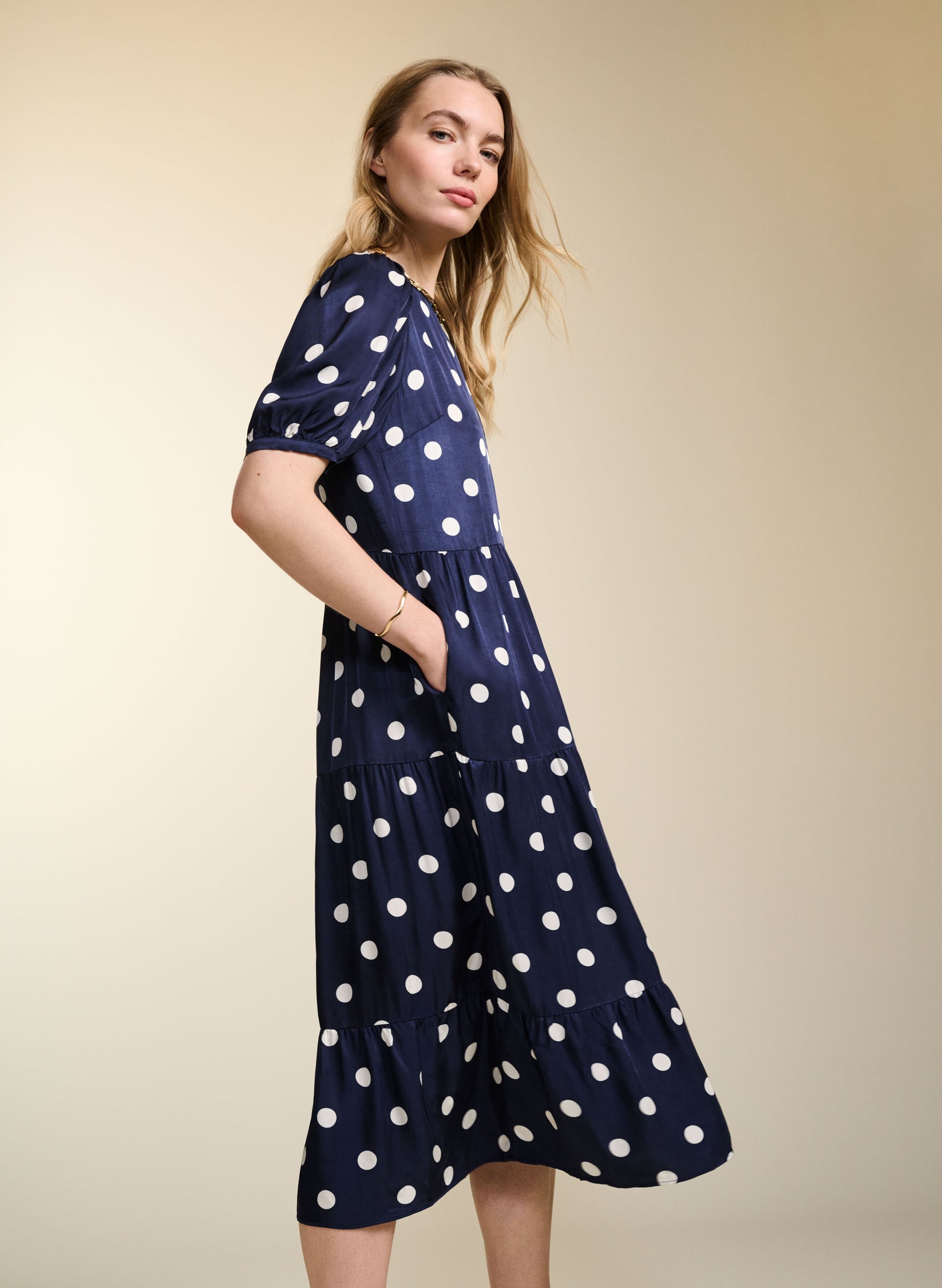 Manon Satin Dress - Navy Big Polka | Baukjen