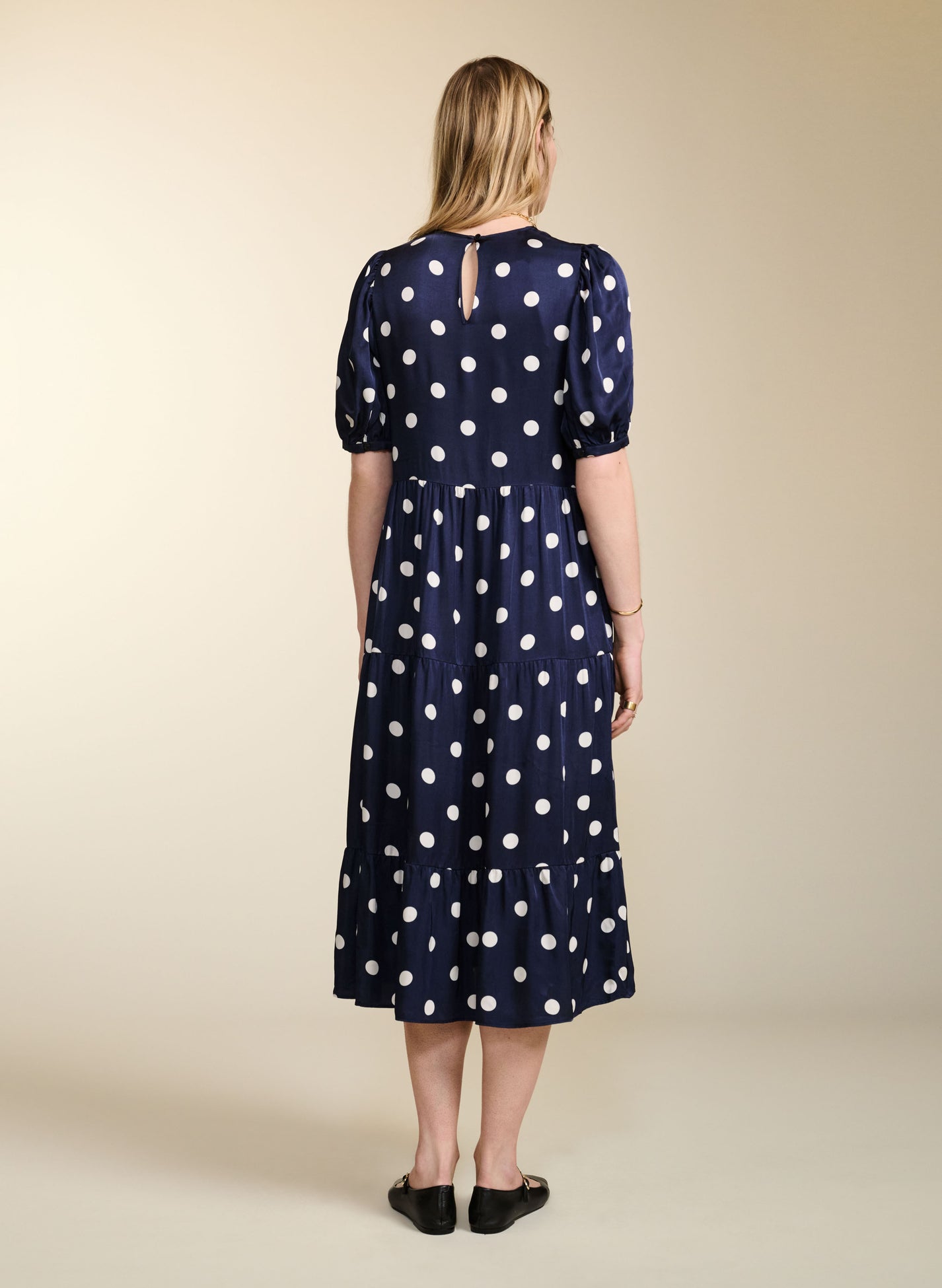 Manon Satin Dress - Navy Big Polka | Baukjen