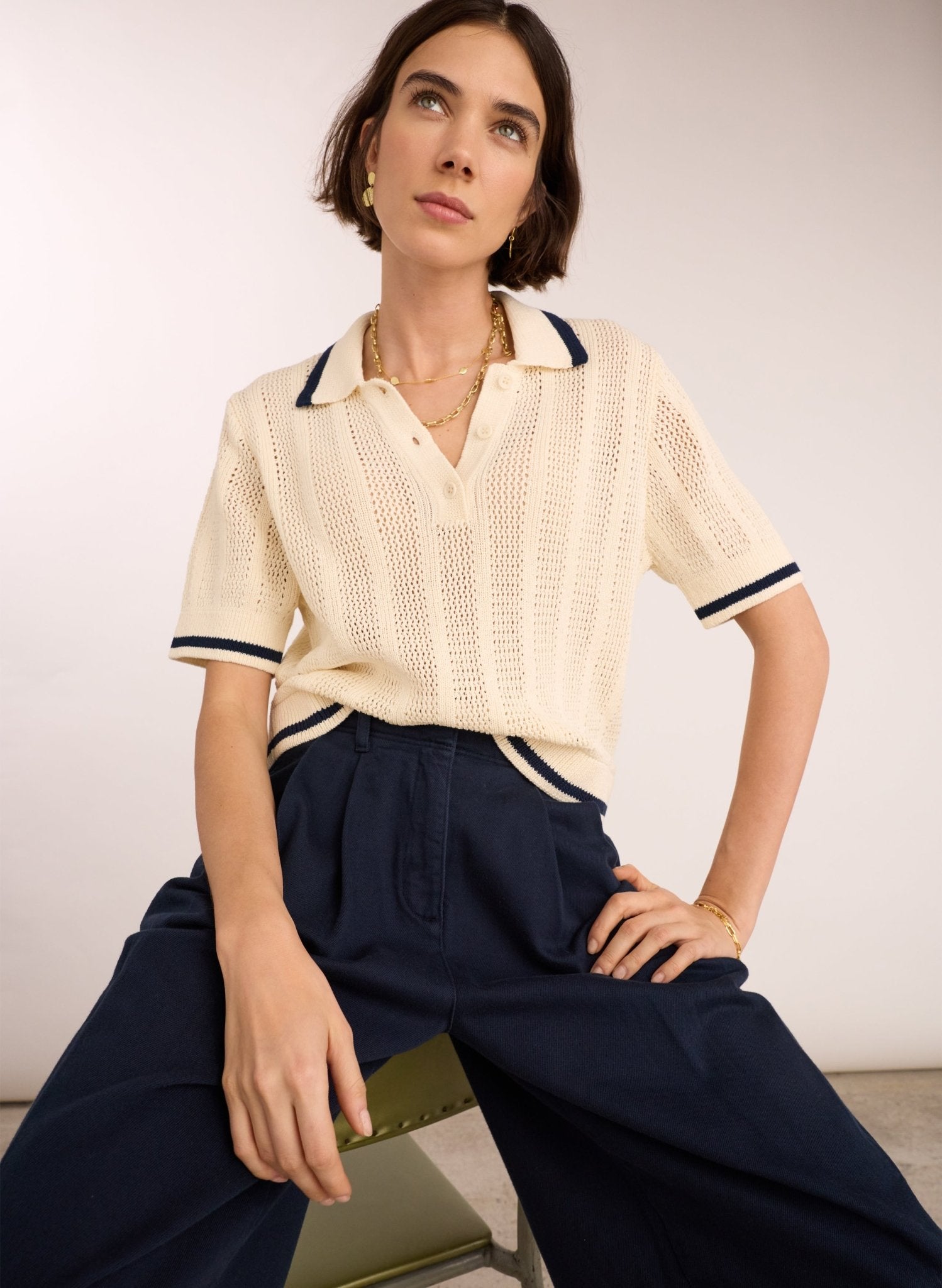 Janice Organic Cotton Knitted Polo Top - Cream | Baukjen