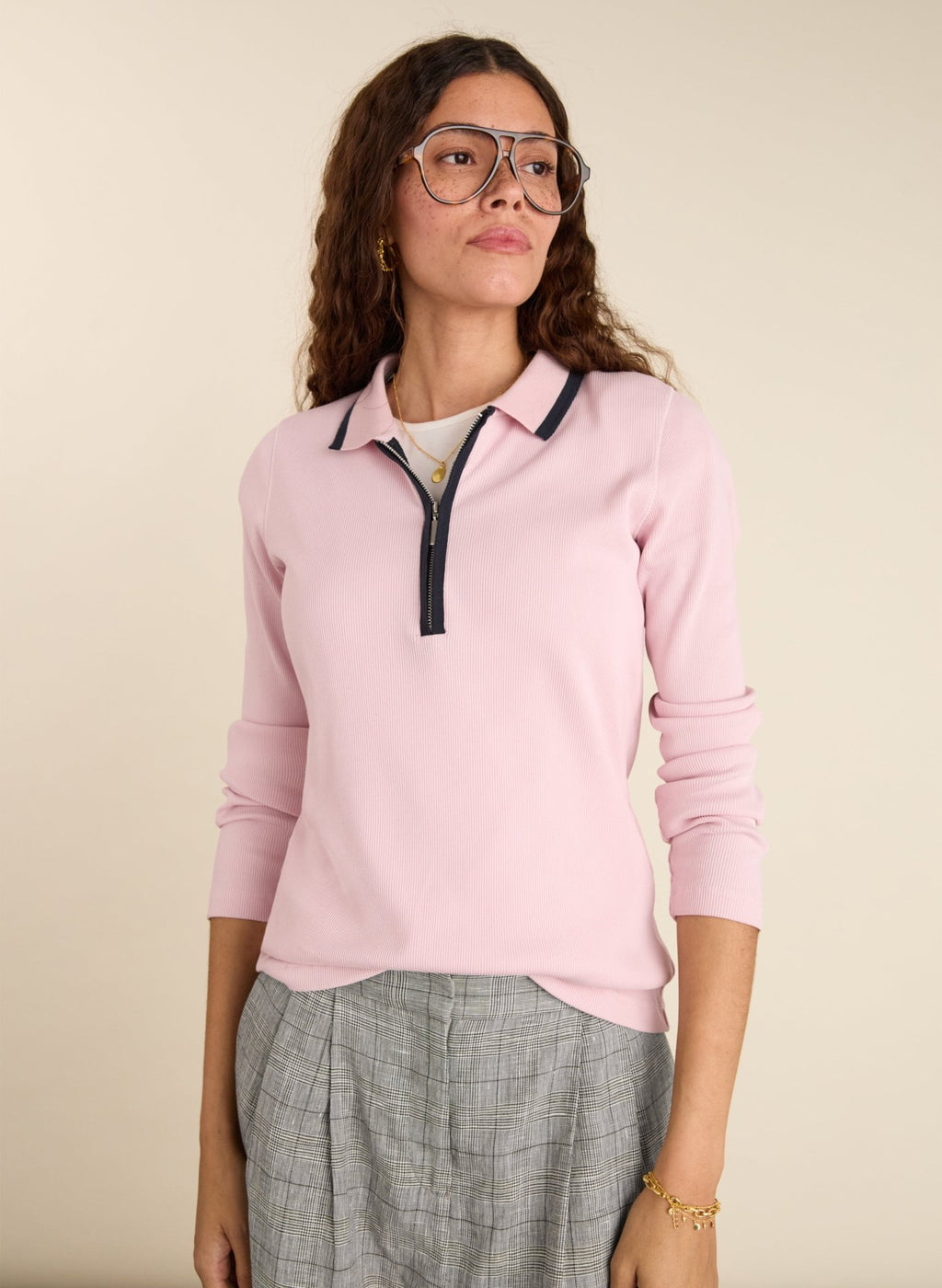 Joely Organic Cotton Rib Zip Collar Top - Pastel Pink & Navy | Baukjen