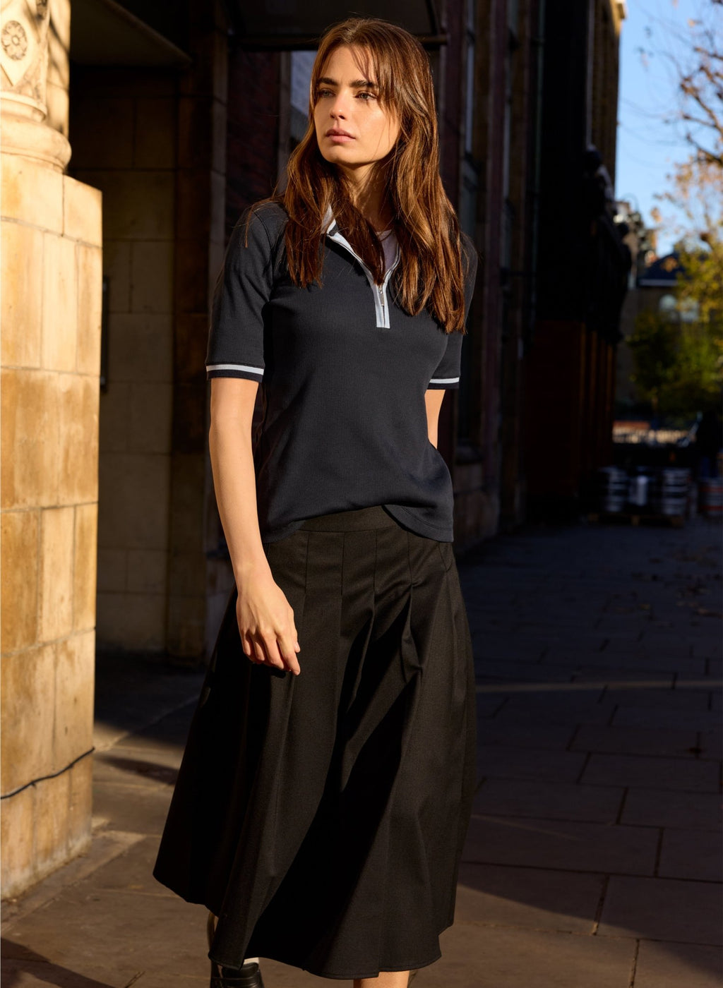 Lydia Organic Cotton Rib Zip Collar Top - Navy & Ice Blue | Baukjen
