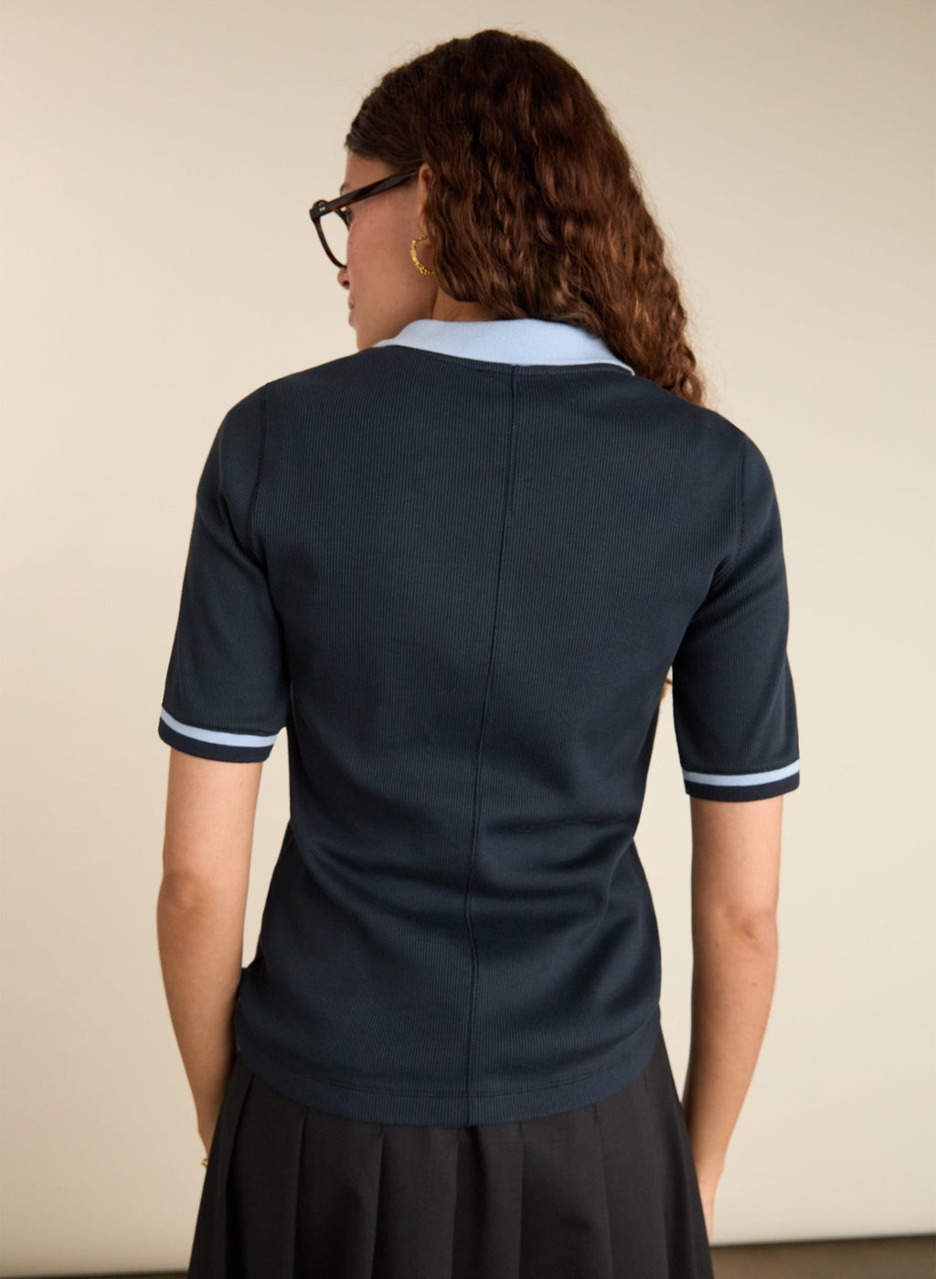Lydia Organic Cotton Rib Zip Collar Top - Navy & Ice Blue | Baukjen