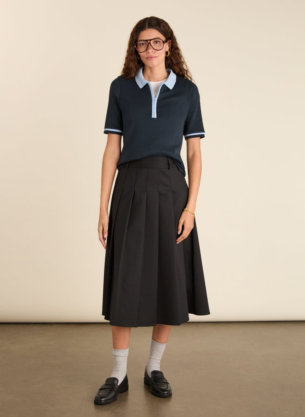 Lydia Organic Cotton Rib Zip Collar Top - Navy & Ice Blue | Baukjen
