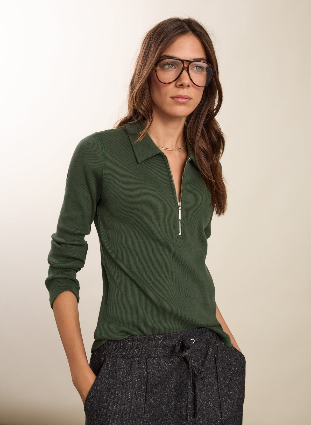 Organic Cotton Zip Collar Top - Deep Khaki | Baukjen